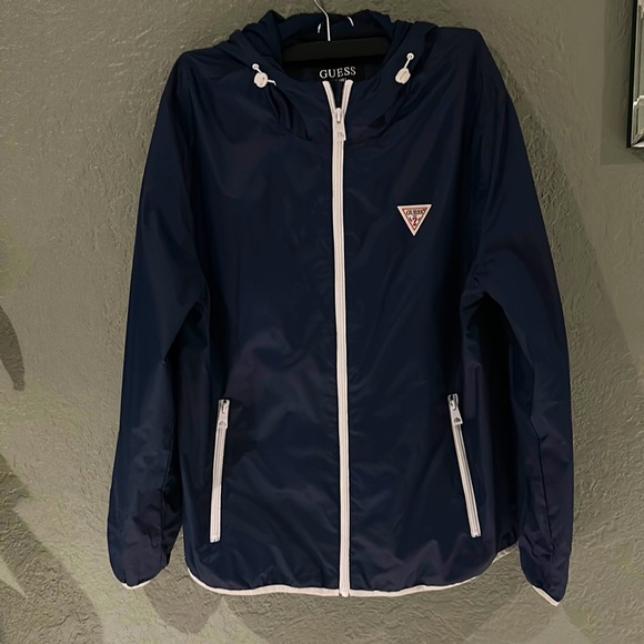 Guess | Jackets & Coats | Guess Blue White Windbreaker Jacket Mens ...